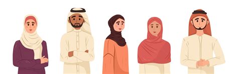 아랍인 남성과 여성 중동 여성 젊은 매력적인 무슬림 소녀 아름다운 여인 화려한 사람이 히자브를 입고 다채로운 스카프 전통적인 옷 ⁇ 터 일러스트레이션 프리미엄 벡터