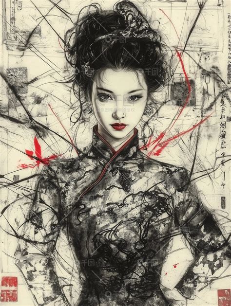 旗袍ai数字艺术 手绘水墨风格旗袍女人画像 Ai平面元素免费下载格式1856像素编号71248570 千图网