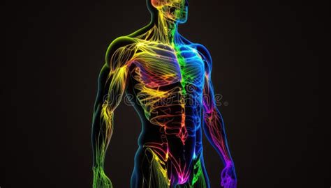 Translucent Human Body Muscles Colorful Neon Glowing On Dark Background