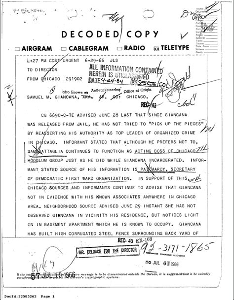 Fbi Memo Regarding Alleged Leadership Vacuum Created With The Chicago Outfit Due To Sam Giancana