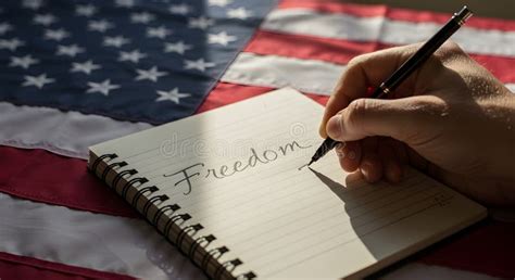 A Hand Writes The Word Freedom In Cursive On A Notebook Resting On