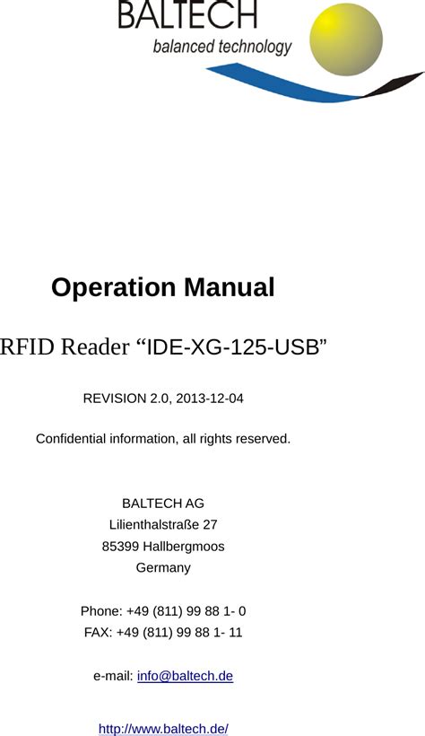 Baltech 10089200A03B IDE XG 125 USB User Manual UserManual
