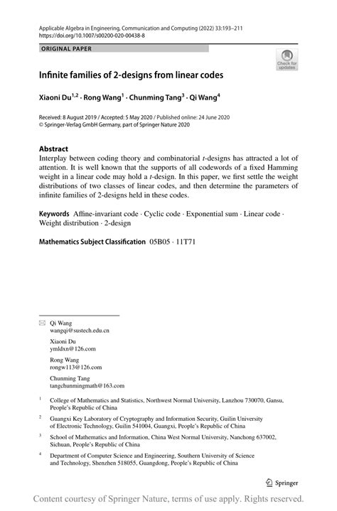Infinite Families Of 2 Designs From Linear Codes Request Pdf