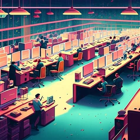 Futuristic Office Interior With Computers And People 3d Rendering Generative Ai Stock