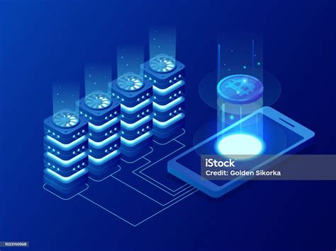 아이소메트릭 마이닝 Bitcoin 농장입니다 Cryptocurrency Blockchain Bitcoin 마이닝 개념 빅 데이터 처리 서버 룸 랙 벡터 일러스트 레이 션