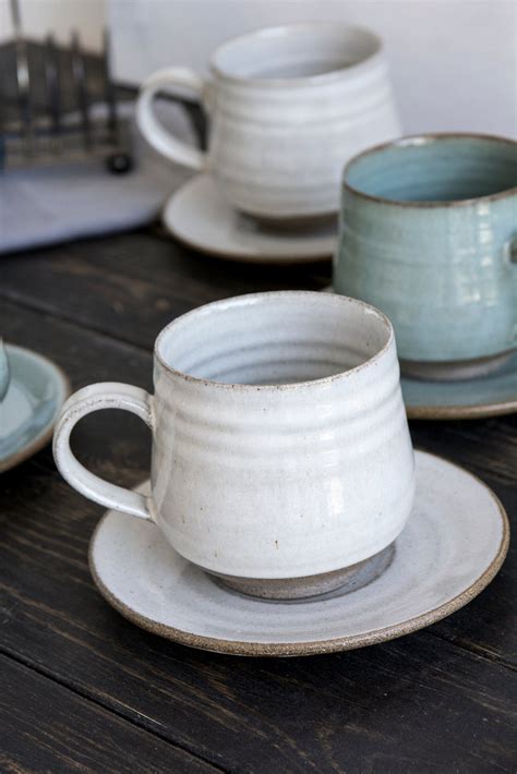 Handmade Ceramic White Cappuccino Cup With A Saucer By Mad About