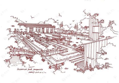 Hand Drawn Architectural Sketch Of A Building In A Landscape