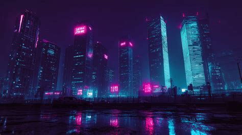 Download Cyberpunk Cityscape At Night With Neon Glow And Reflections