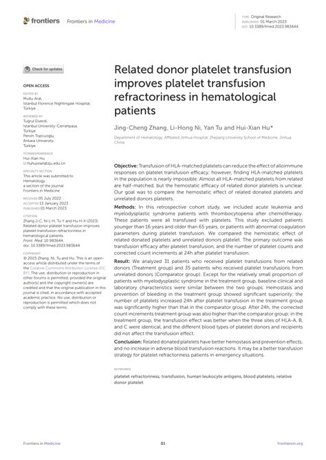 Pdf Related Donor Platelet Transfusion Improves Platelet Transfusion