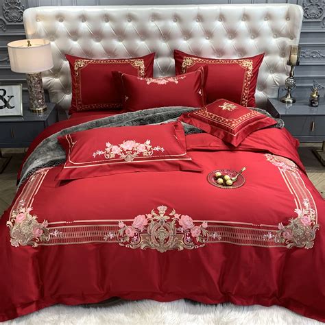 이집트산 면 자수 이불 이불 커버 세트 퀸 킹 침구 세트 침대 시트 장착 시트 세트 레드 웨딩 4 6 7 개 침구 세트 Aliexpress