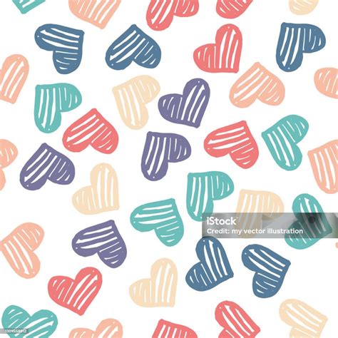 흰색 배경에 파란색 분홍색 베이지 색 하트와 매끄러운 패턴 직물 배경 옷 포장지 웹 사이트 및 벽지에 대한 벡터 디자인 패션 일러스트매끄러운 패턴 벡터에 대한 스톡 벡터