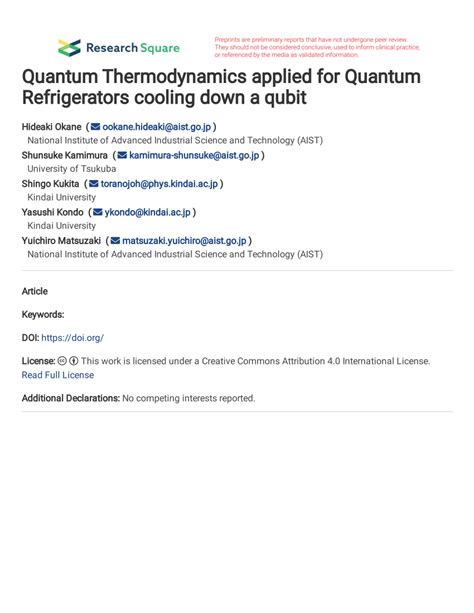 PDF Quantum Thermodynamics Applied For Quantum Refrigerators Cooling Down A Qubit