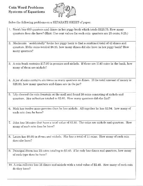 Coin Problems Answer Key Coin Word Problems Systems Of Equations