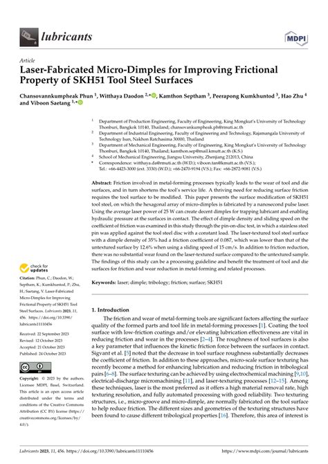 Pdf Laser Fabricated Micro Dimples For Improving Frictional Property Of Skh51 Tool Steel Surfaces