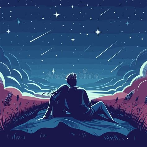 Couple Stargazing On A Flat Color Hill Couple Stargazing Scene Flat