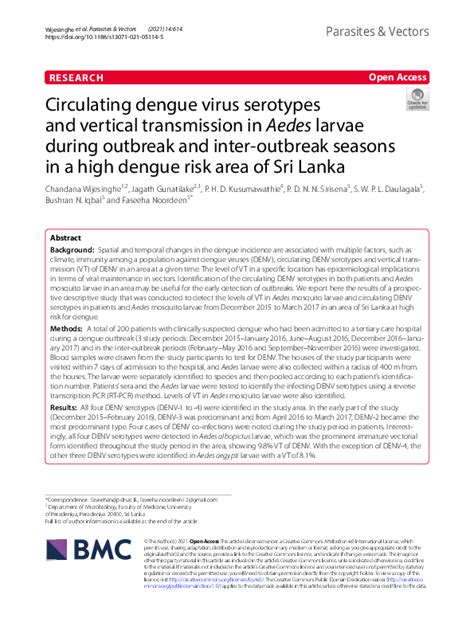 Pdf Circulating Dengue Virus Serotypes And Vertical Transmission In Aedes Larvae During