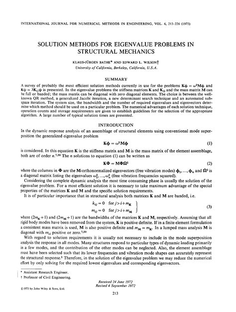 Methods For Eigenvalue Problems In Structural Mechanics INTERNATIONAL JOURNAL FOR NUMERICAL