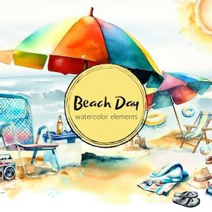 Commercial Use Beach Day Clipart Watercolor Beach Day Art Printable