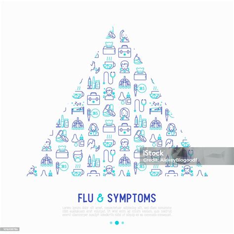 얇은 선 아이콘을 가진 삼각형에서 독감과 증상이 개념 온도 오 한 열 콧 물 청진 기 점 비 액 기침 폐에가 래와 함께 의사 현대 벡터 일러스트입니다 감기와 독감에 대한