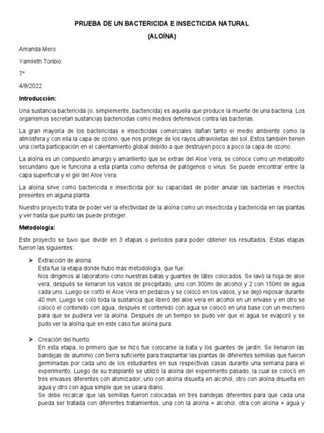 Prueba De Un Bactericida E Insecticida Natural Pdf Agua Plantas