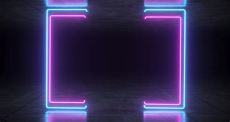 과학 Fi 미래 브래킷 네온 파란색과 보라색 빛나는 어두운 그런 지 구체적인 반사 방 3d 렌더링에서 사이 빈 공간을 가진 빛 튜브 모양의 0명에 대한 스톡 사진 및 기타