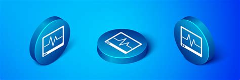 파란색 배경에 격리 된 심장 아이콘이있는 등색 컴퓨터 모니터 모니터링 아이콘입니다 심전도 모니터와 심장 박동 손 그려 파란색 원 버튼입니다 벡터 3차원 형태에 대한 스톡