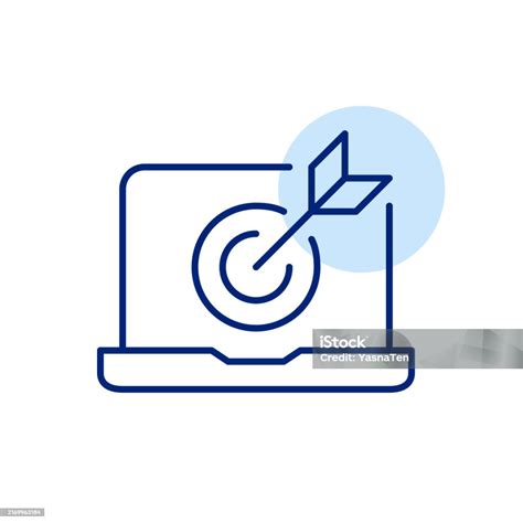 노트북 화면의 대상을 명중하는 화살표 데스크톱 최적화 정확한 웹 분석 또는 시장 타겟팅 완벽한 픽셀 편집 가능한 획 아이콘 개념에 대한 스톡 벡터 아트 및 기타 이미지