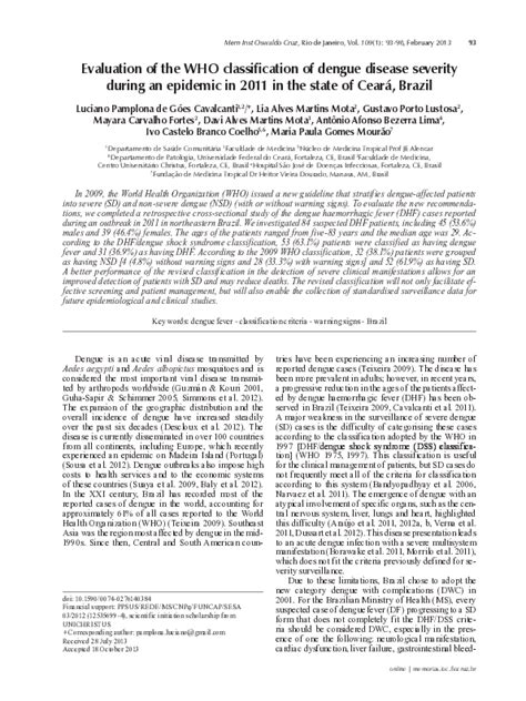 Pdf Evaluation Of The Who Classification Of Dengue Disease Severity During An Epidemic In 2011