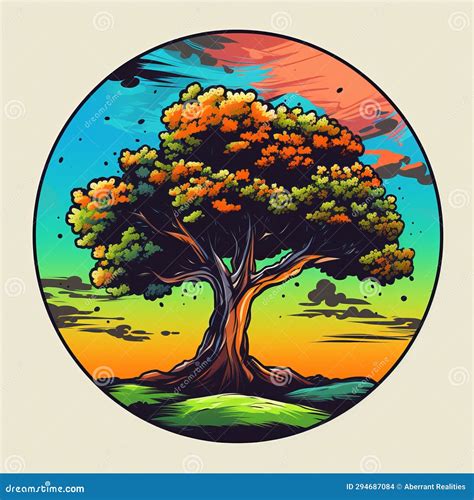 An Illustration Of A Tree With A Sunset In The Background Stock Illustration Illustration Of