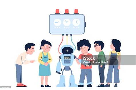 아이들과 로봇 어린아이들은 사이보그를 만들고 프로그래밍한다 안드로이드 만들기 수업 스마트 기술의 현대 과정 최근 벡터 장면