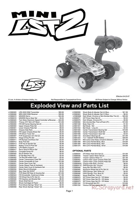 Team Losi Mini Lst2 Parts List And Exploded View Losb0217 • Rcscrapyard Radio Controlled