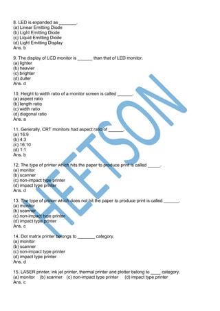 Computer Hardware MCQ Basic To Advanced Question PDF