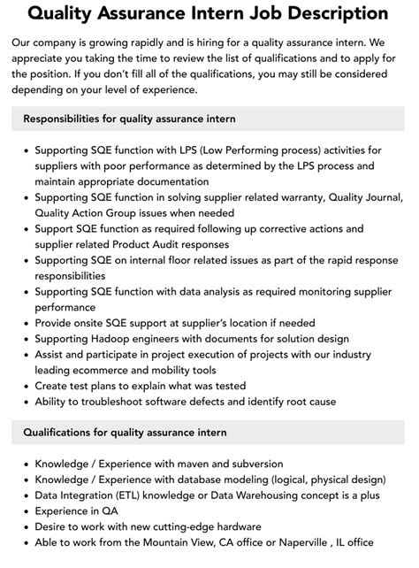 Quality Assurance Intern Job Description Velvet Jobs