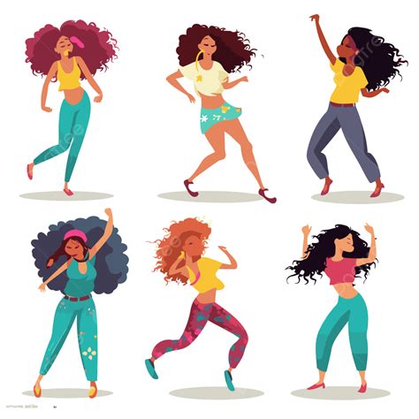 자유로운 춤 흰색 배경에 스티커 클립 아트 벡터 일러스트 레이 션 다양 한 포즈 만화에서 춤을 하 고 힙합 흑인 여성의 집합 상표 클립 아트 Png 일러스트 및 벡터