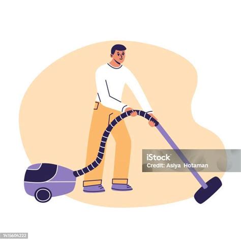 집에 진공 청소기를 청소하는 청년 진공 청소기로 청소하는 집 남편 플랫 만화 벡터 일러스트 레이션 트렌디 한 색상 흰색 배경에 고립 가사 집안일에 대한 스톡 벡터 아트 및