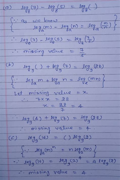 Basic Properties Of Logarithms Fill In The Missing Values To Make The