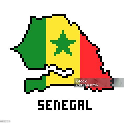 세네갈 공화국 흰색 배경에 고립 된 플래그와 8 비트 픽셀 예술 아프리카 국가지도 올드 스쿨 빈티지 복고풍 80 년대 90 년대 컴퓨터 비디오 게임 그래픽 슬롯 머신 설계