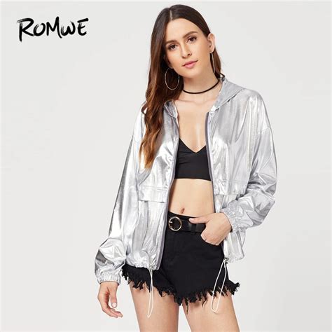 Romwe куртка с капюшоном и металлическим шнурком Клубная Серебряная куртка крутая женская