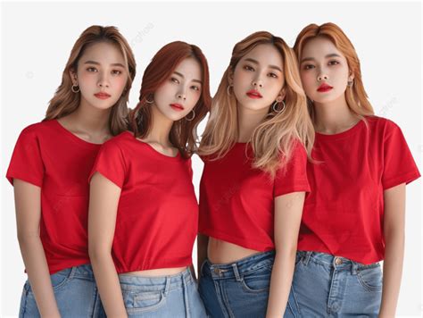 전문 브랜드의 우연한 사진 만들기빈 빨간색 티셔츠를 입은 유명한 태국 소녀 4명 셔츠 의류 입다 Png 일러스트 및 이미지