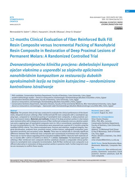 Pdf 12 Months Clinical Evaluation Of Fiber Reinforced Bulk Fill Resin Composite Versus
