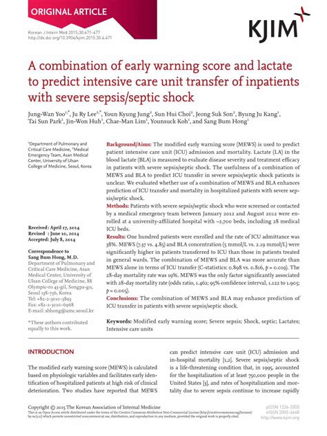 Pdf A Combination Of Early Warning Score And Lactate To … Modified Early Warning Score Mews