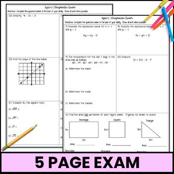 Algebra 1 Pre Test Back To School Algebra 1 Exam Plus Reference Sheet