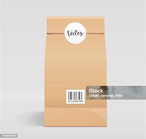 갈색 종이 봉투 접힌 전면 디자인 입 가방은 회색 배경에 원 스티커 템플릿이 있습니다 0명에 대한 스톡 벡터 아트 및 기타 이미지 0명 가방 갈색 Istock