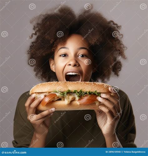 Sandwich Day Black Girl Bites A Big Sandwich Close Up Fast Food Unhealthy Food Stock