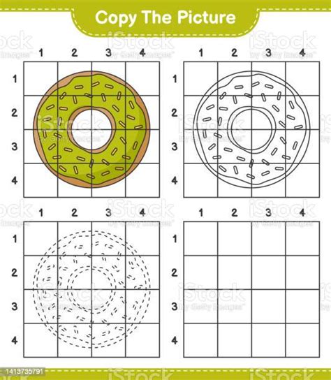 그림을 복사하고 격자선을 사용하여 도넛의 그림을 복사하십시오 교육 어린이 게임 인쇄 가능한 워크 시트 벡터 일러스트 레이 션 0명에 대한 스톡 벡터 아트 및 기타 이미지