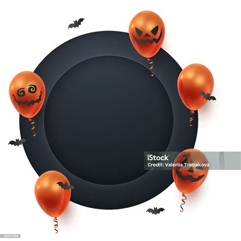 사실적인 빨간색 주황색 생강 풍선 리본 박쥐 색종이 조각 및 검은색 종이 컷 원이 있는 포스터 카드 할로윈 파티 디자인 전단지