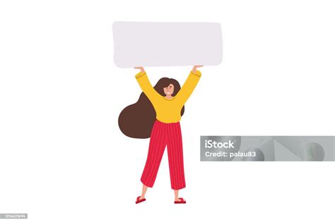 행복한 소녀 서 빈 배너를 들고 평면 만화 다채로운 벡터 일러스트 레이션입니다 여자에 대한 스톡 벡터 아트 및 기타 이미지 여자 공란 서 있기 Istock