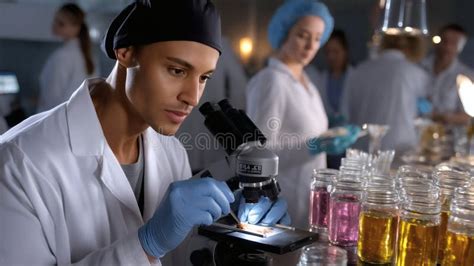 Scientist Examining Evidence Under A Microscope In A Sterile Crime Lab