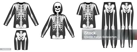스켈레톤 의상 세트 인간의 뼈 앞뒤보기 할로윈을위한 남성 여성 죽은 평평한 검은 색 개념의 날을위한 옷에 인쇄하기위한 축제 고립 된 해부학의 벡터 일러스트 레이 션 두개골에