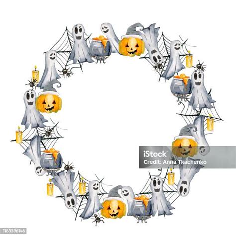 유령 호박 카드 파티 카드 배너 및 템플릿을 해제하기위한 거미와 수채화 할로윈 Wrteath 10월에 대한 스톡 벡터 아트 및 기타 이미지 Istock